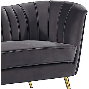 Meridian Furniture Margo Collection Modern | Contemporary Velvet Upholstered Loveseat with Deep Channel Tufting and Rich Gold Stainless Steel Legs, Grey, 65" W x 30" D x 33" H