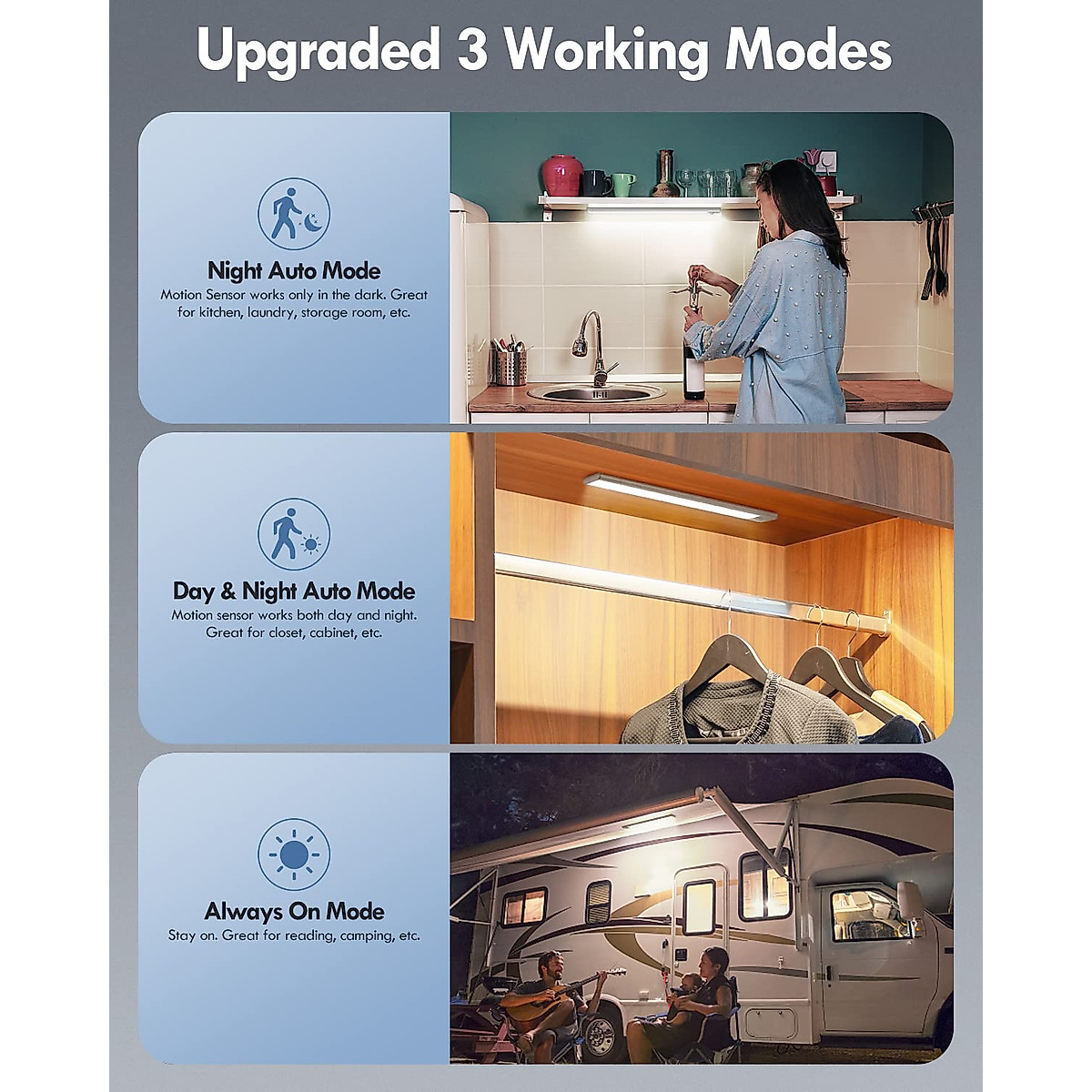 BLS LED Closet Lights, 52LED Motion Sensor Light Indoor, Under Cabinet Lights Rechargeable USB-C Under Cabinet Lighting, 1800mah Battery Operated Lights Wireless Magnetic Light for Kitchen Night Stair