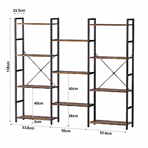 Panana Triple 4 Tier Bookshelf, Industrial Bookcase with 11 Open Display Shelves Wide Book Shelf Book Case with Metal Frame for Living Room Home Office (Brown)