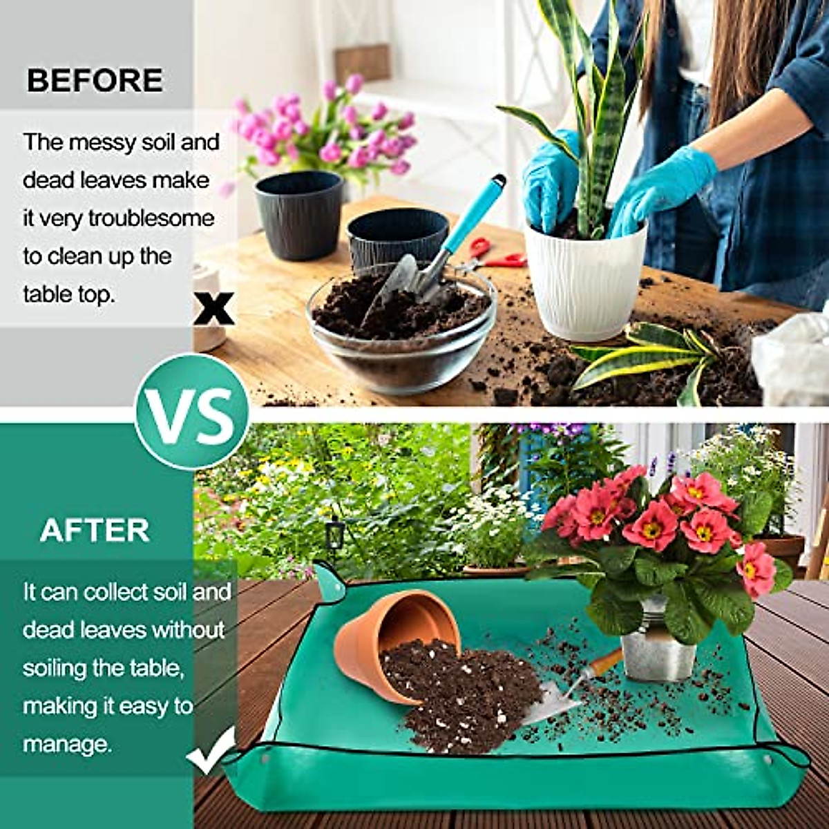 Auofin Plant Repotting Mat 2 pcs Waterproof Transplanting Mat Indoor Gardening Potting Succulents Portable Tray with Gardening Gloves - 39.4" and 26"