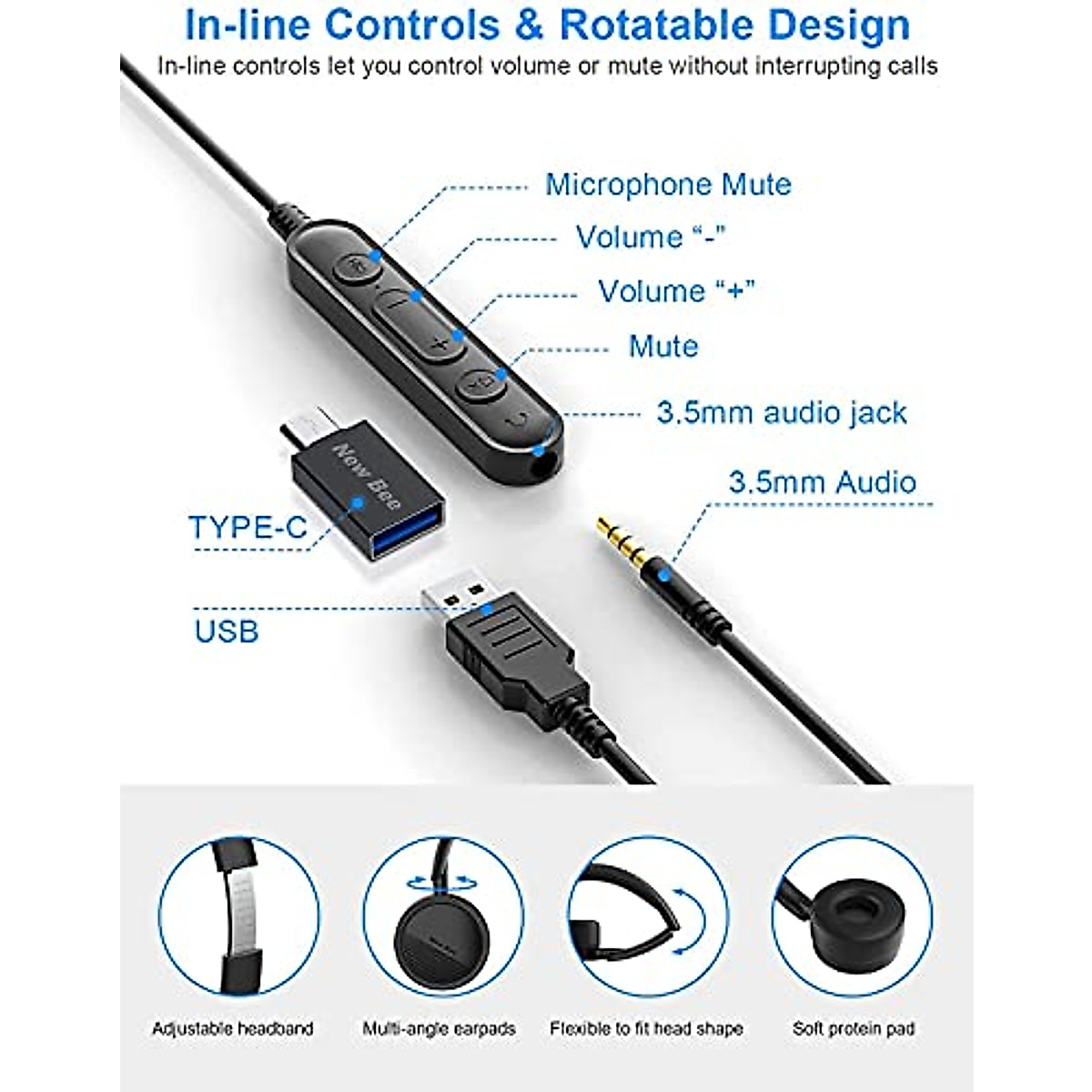 New bee USB Headset Computer Headset in-Line Call Controls Office Headset with Noise Cancelling Micphone Call Center Headset for Skype, Zoom, Laptop, Phone, PC, Tablet, Home with USB-C Adapter