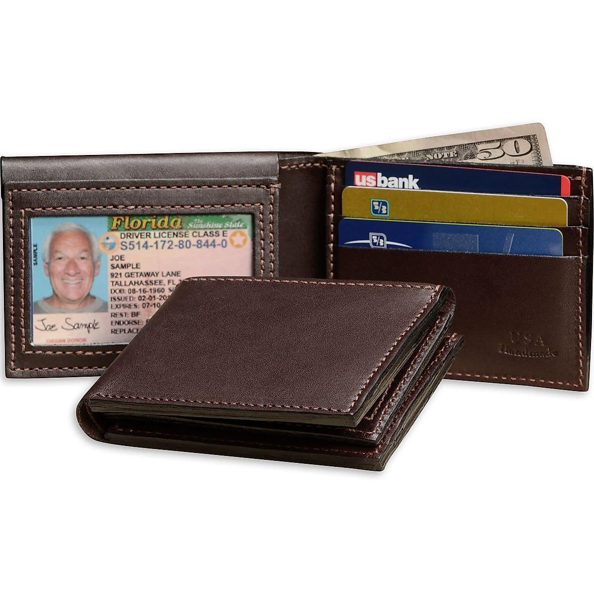 Premium Full Grain Bridle Leather Men’s Bifold Wallet With Flip Up ID Window – Brown - Made in USA