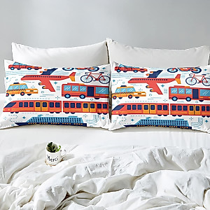 Erosebridal Plane Duvet Cover Queen, Bike Autocycle Comforter Cover, Cute Train Car Kawaii Bedding Set, Blue Ocean Ship Quilt Cover, Cartoon Hand Drawn Girls Bedroom Decor