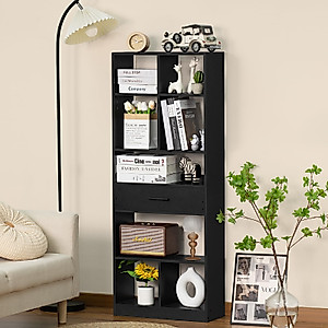 LELELINKY 6 Tier Open Bookshelf Mid Century Modern Bookcase, Wood Book Shelf with 8 Cubes and a Drawer, Floor Freestanding Bookshelves Cube Storage Organizer for Bedroom, Living Room, Office (Black)