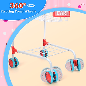 deAO Kids Shopping Cart Trolley with Sturdy Metal Frame for Toddlers 46 PCS Food Fruit Vegetables Pretend Play Food Role Play,Educational Toy Play Kitchen Toys for Boys Girls Kids