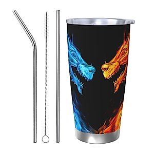 Groamaup 20oz Dragon Stainless Steel Insulated Tumbler with Lid and 3pcs Straw Sets, Water and Fire Car Cup for Cold and Hot Drinks, Coffee Mug for Travel Office and Home Use