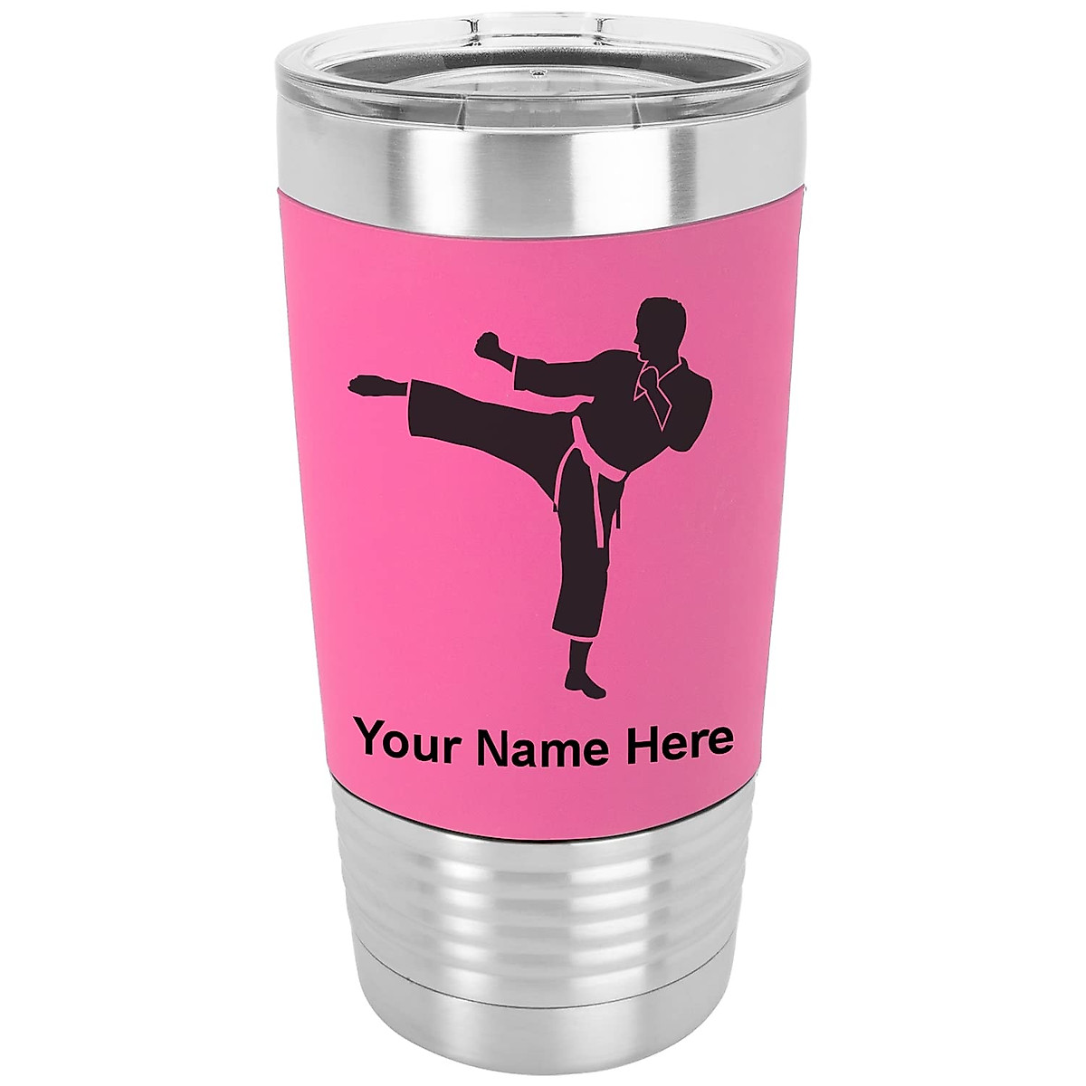 LaserGram 20oz Vacuum Insulated Tumbler Mug, Karate Man, Personalized Engraving Included (Silicone Grip, Pink)
