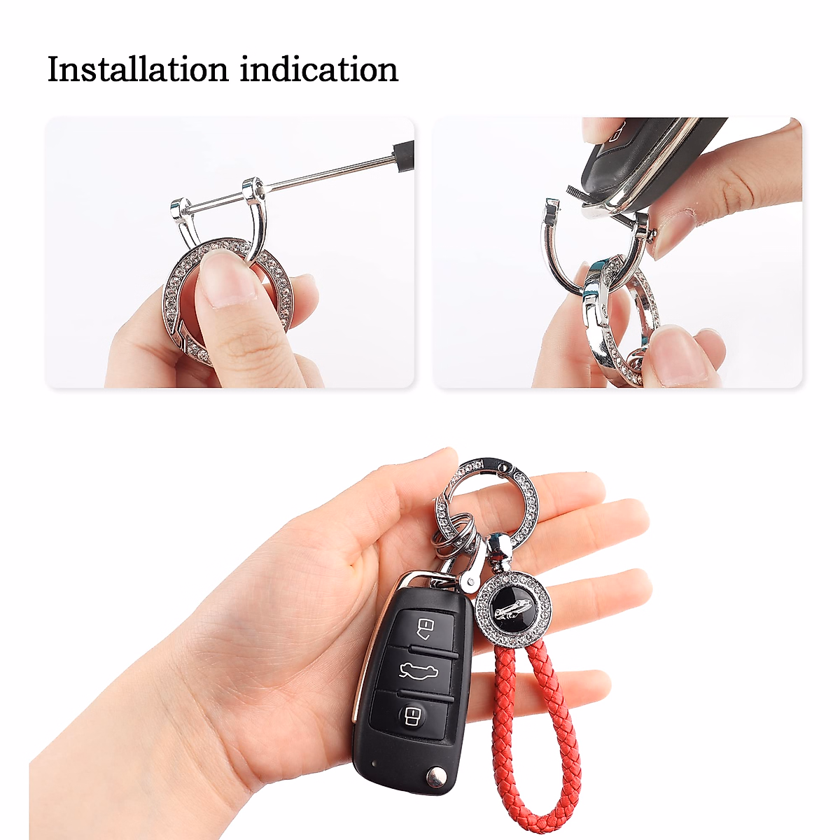 Bling Bling Leather Keychain,Universal Car Accessories Car Lanyard Key Fob Holder with Anti-lost D-ring and Screwdriver(Red)