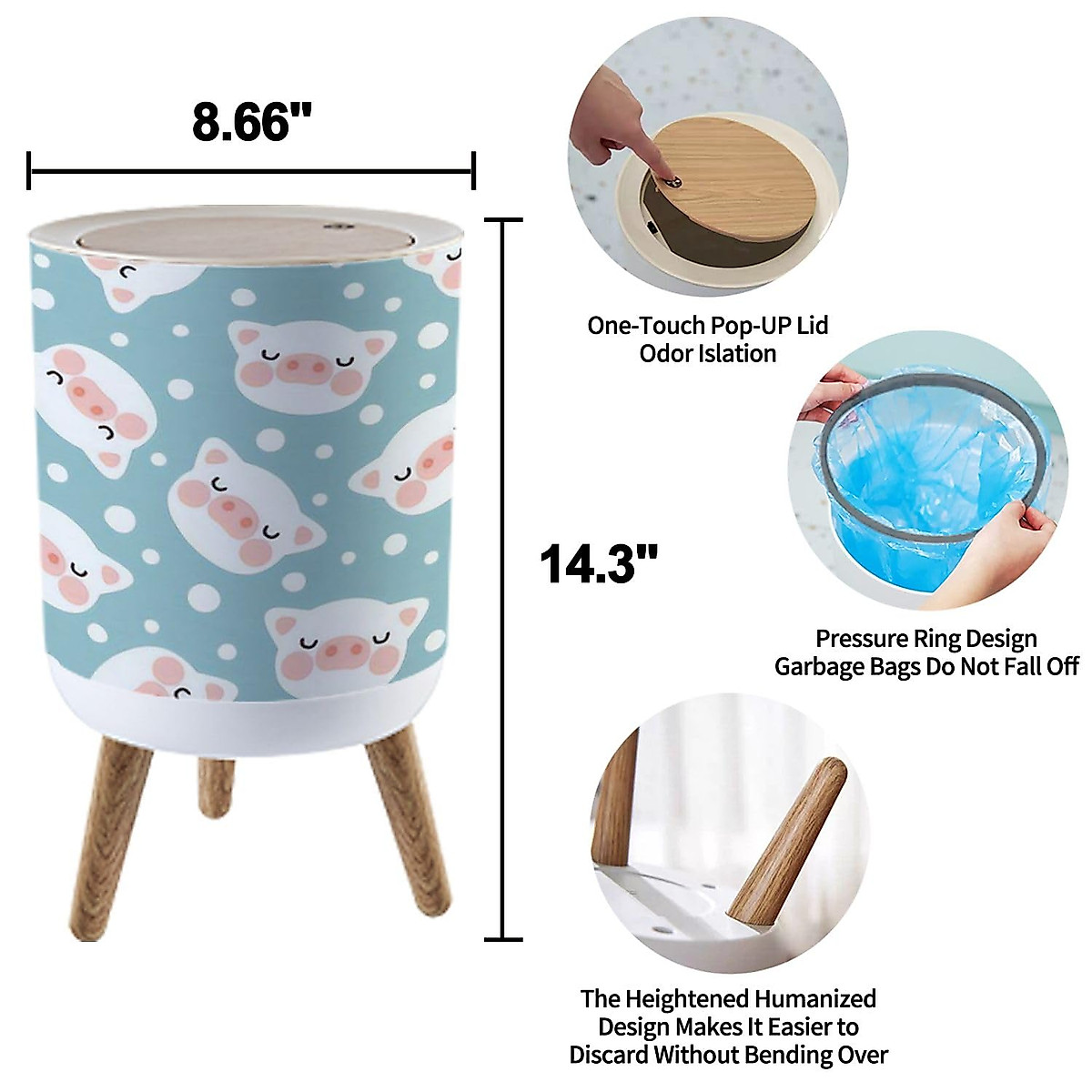 Small Trash Can with Lid for Bathroom Kitchen Office Diaper cute white happy face scandinavian a pastel blue Kids animals kawaii Bedroom Garbage Trash Bin Dog Proof Waste Basket Cute Decorative