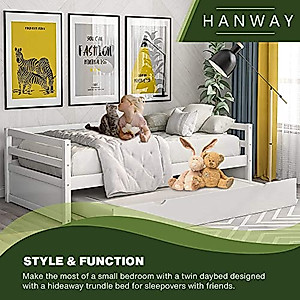 Hanway Solid Pine Wood Frame Twin Daybed with Pull Out Trundle, Twin Size Trundle Daybed/Twin Daybed Frame Wood, No Box Spring Needed, Easy Assembly (White)