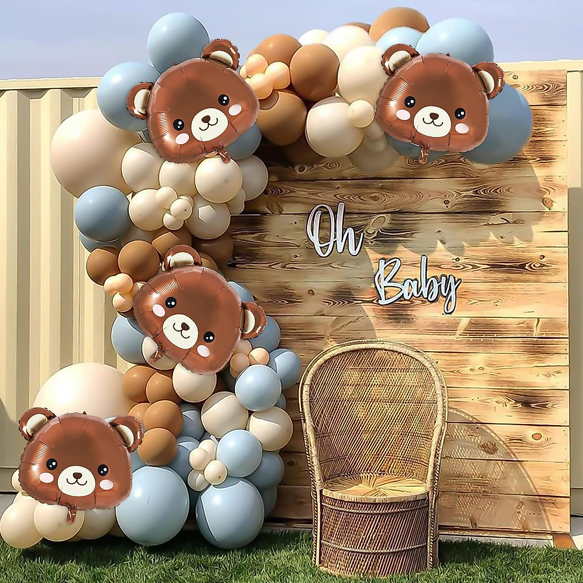 Whaline Blue Brown Balloon Garland Arch Kit 163Pcs Round Latex Bear Foil Balloons with Balloon Chain and Ribbon Set for Boys Girls Baby Shower Birthday Wedding Teddy Bear Boho Theme Party Decorations