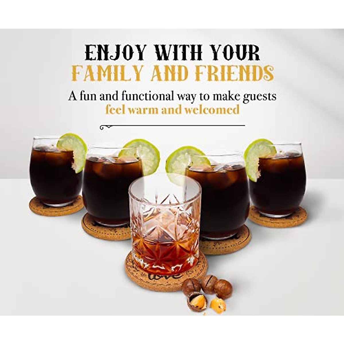 Coasterlux Cork Coasters for Drinks Absorbent with Holder - Cute & Funny Set of 8 Large Round Outdoor Cup Coasters for Wooden Table Protection, Coffee Trivet, Cups and Mugs - Cool Drink Coaster Gift