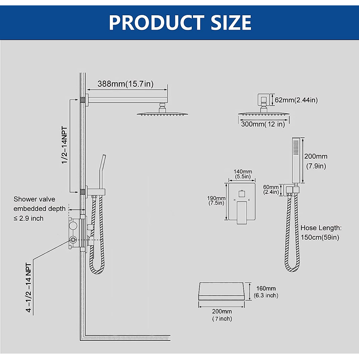 Fatspas Shower System with Tub Spout, Wall Mounted Shower Faucet Set for Bathroom with 12 Inch Rain Shower Head and Handheld Shower Head Set, Matte Black