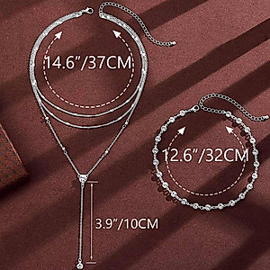 Zehope Layered Y Necklace Silver Rhinestone Necklaces Sparkly Long Elegant Necklace for Women