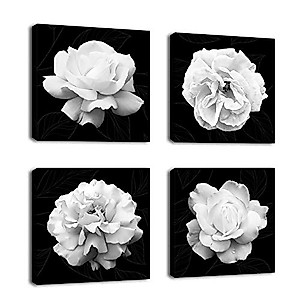 Flowers Wall Art Bathroom Wall Decor Abstract Botanical Picture Contemporary Wall Art Prints Bedroom Living Room Kitchen Office Home Decor Modern Black Flower Canvas Artwork 12" x 12" x 4 Pieces
