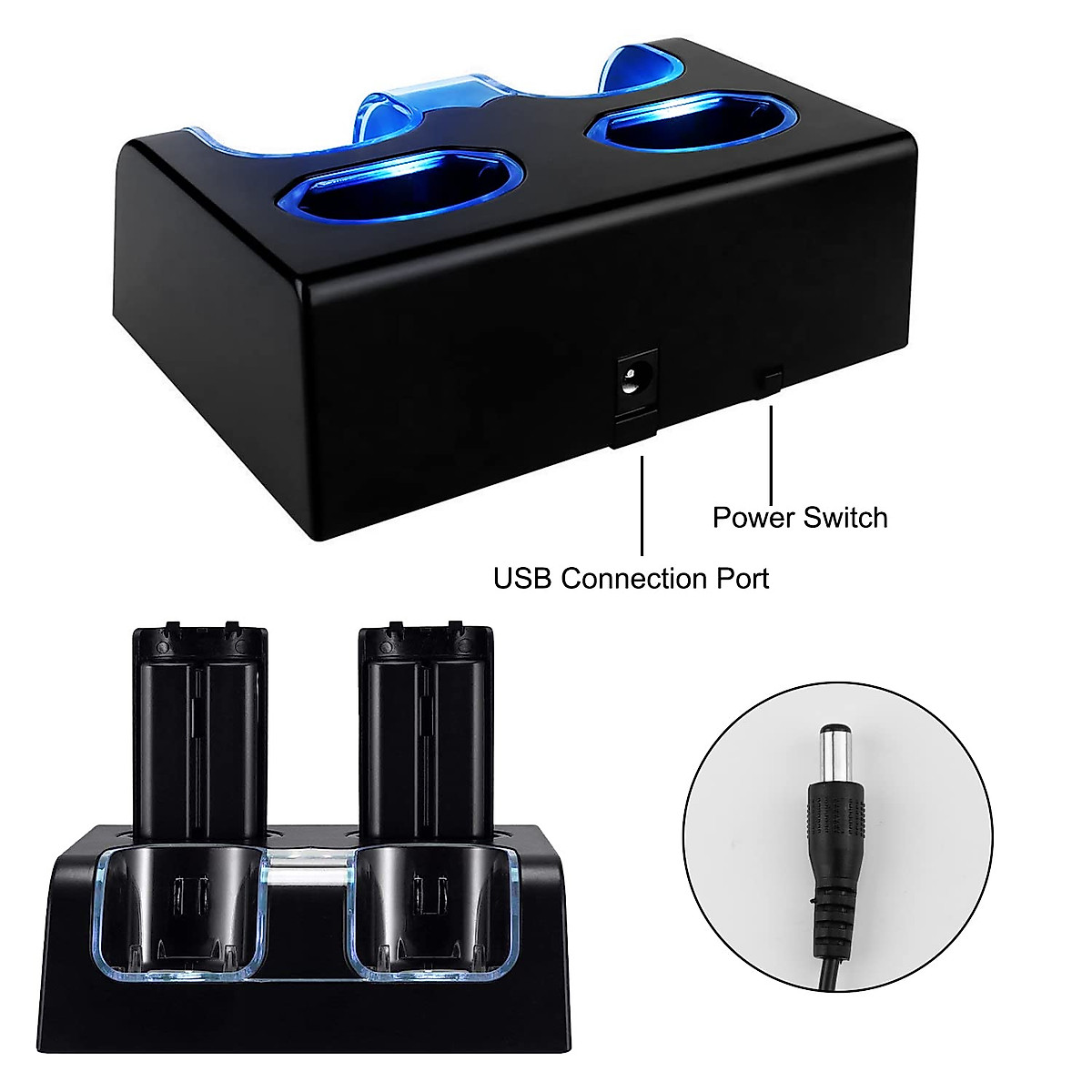 Upgraded Wii Remote Charger Station, Covanm 4 Port Wii Charging Station with 4 Rechargeable Battery for Wii (4 Port Charging Station+4 Replacement Batteries+USB Cable+Free USB Wall Charger)