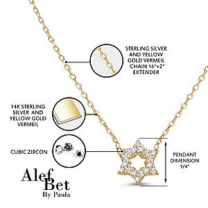 Alef Bet by Paula Jewish Star of David Necklace in a Sparkling Yellow Gold with Stones for Women to Wear Daily as a Symbol of Faith