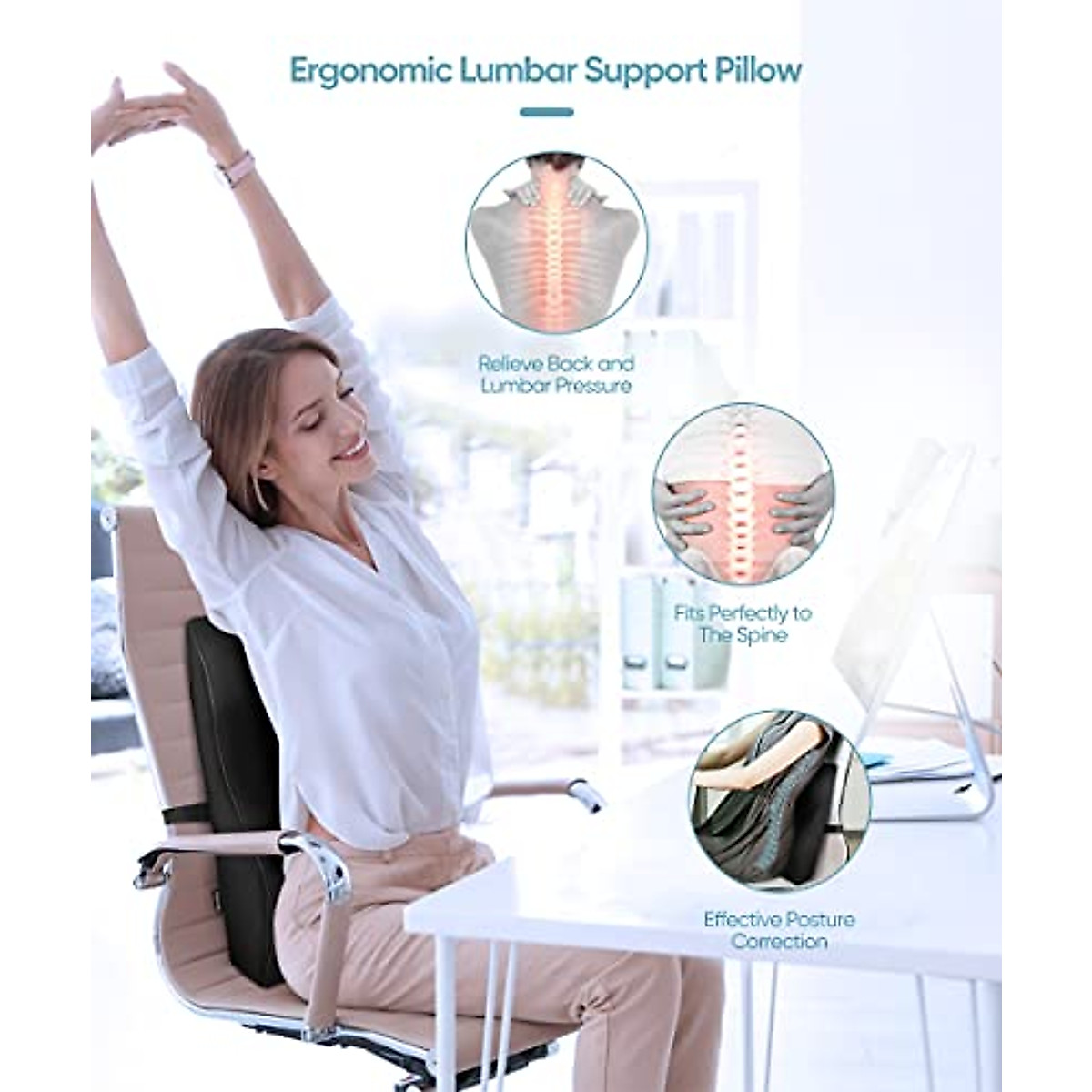 Tsumbay Lumbar Support Pillow Memory Foam Back Cushion Ergonomic Backrest for Back Pain Relief with Breathable 3D Mesh and Adjustable Belts, for Office Chair, Car Seat, Gaming Chair and Wheelchair