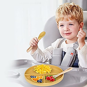 Baby Self Feeding All Natural Beech Wood Fork and Spoon Set - BPA Free, Toddler Tableware, Suitable For Stage 1 Babies - Soft Curved Food Grade Silicone Head, Gum Friendly Training (PINK)