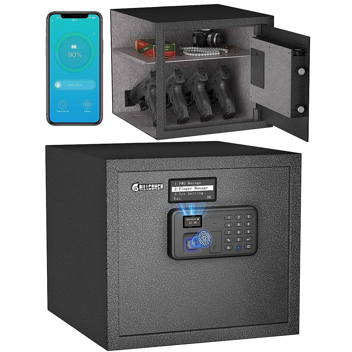 Billconch Smart Gun Safe for Multiple Pistols - Automatic Lock Safe Box with LCD Display/Voice Guide, Quick Access Unlock with Fingerprint/Keypad/Key/App, Biometric Handgun Safe for Money Valuables
