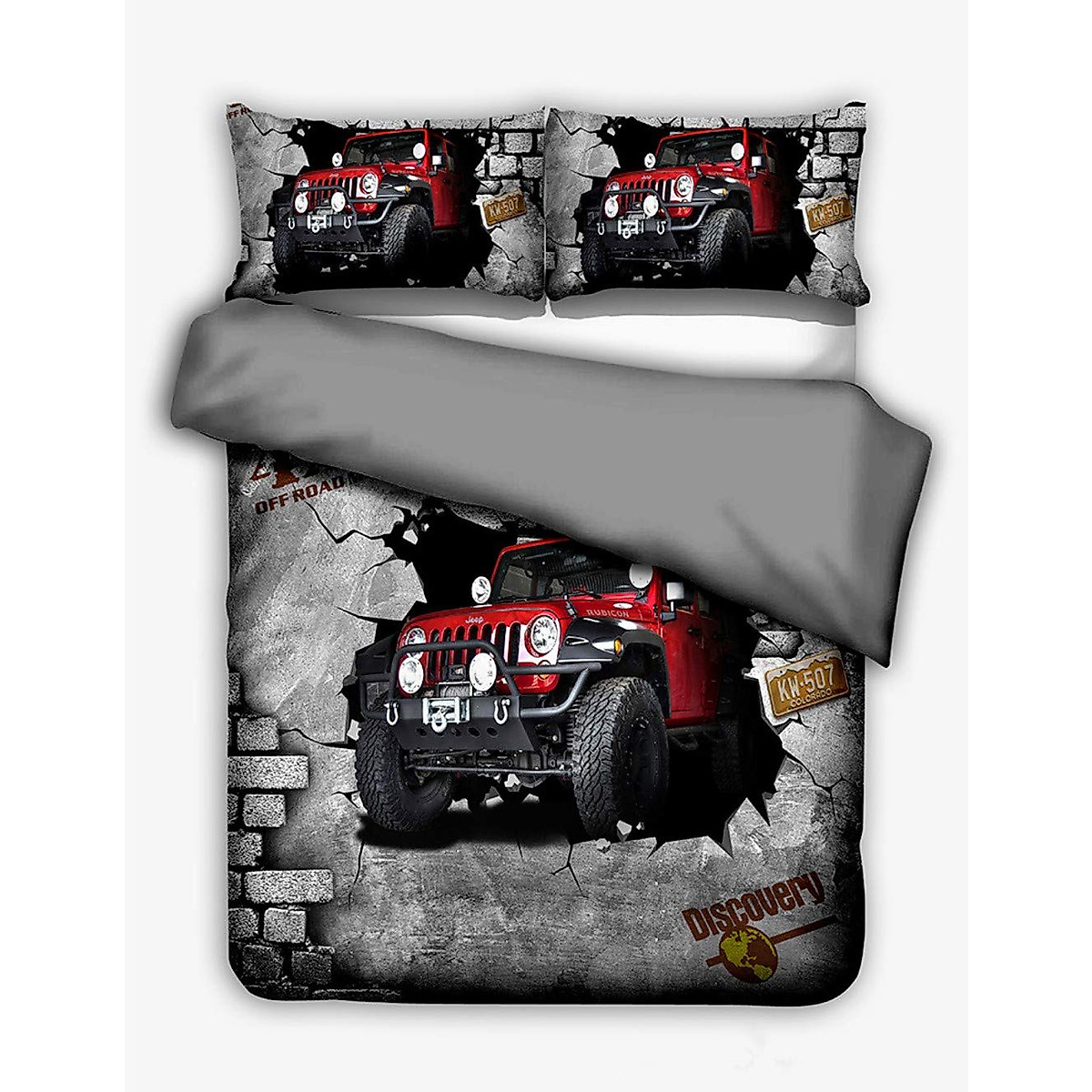 Abojoy Decor Duvet Cover Set, Jeep 4X4 Vehicle One Click Repaint Never Stop Off-Road Adventure Automobiles 3 Piece Soft Brushed Microfiber Fabric Print Bedding Set,Twin Size