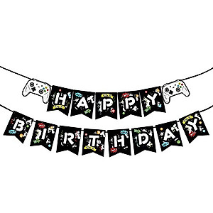 Watercolor Video Game Birthday Banner - Gaming Birthday Party Decorations for Boys Kids Game Themed Party Supplies Pre-Assembled Bunting Garland Hanging Wall Decor