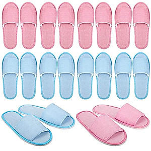 10 Pairs Washable House Slippers for Guests Open Toe Spa Slippers Women Men Soft Disposable Slippers Cotton Linen Hotel Slippers Bulk Non Slip Breathable for Indoor Travel Bedroom Party (Pink, Blue)