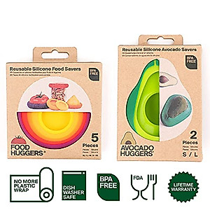 Food Huggers Zero Waste Starter Kit - (7 Pieces) -Avocado Hugger Saver Covers (Set of 2) + Reusable Silicone Food Savers Autumn Harvest (Set of 5), Dishwasher Safe, Keeps Food Fresh