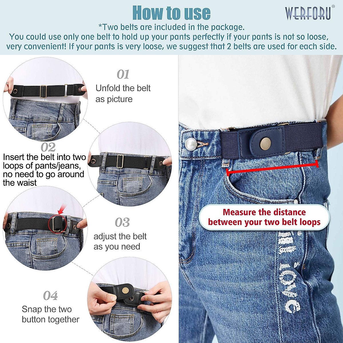 WERFORU 2 Pack No Buckle Elastic Belt for Women Men 2 Loop Stretch Buckle-Free Belt for Jeans Pants (blue, Fits 2 loop distance : 7"-14")