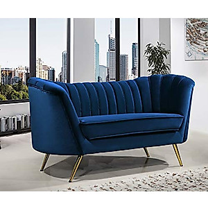 Meridian Furniture Margo Collection Modern | Contemporary Velvet Upholstered Loveseat with Deep Channel Tufting and Rich Gold Stainless Steel Legs, Navy, 65" W x 30" D x 33" H