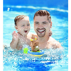 Dollibu Boat Racer Buddy, Fun Educational Bath Toy Finger Puppet Pull and Go Water Racing Woodland Pal for Shower Pool Bathtub Swim Hard Surface for Baby Toddler and Boy - 6 Inch - 3 in 1 Game - Moose