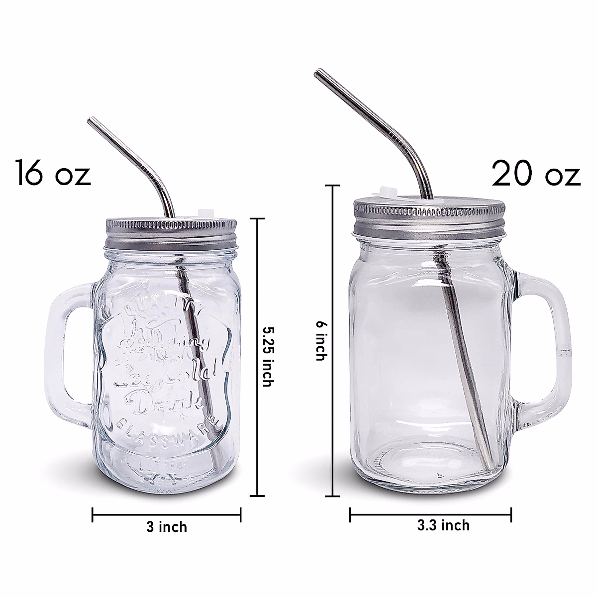 Home Suave 20oz Mason Jar Mugs with Handle Set of 2, Regular Mouth, Light blue Lids with Reusable Stainless Steel Straw, Kitchen GLASS 20 oz Jars