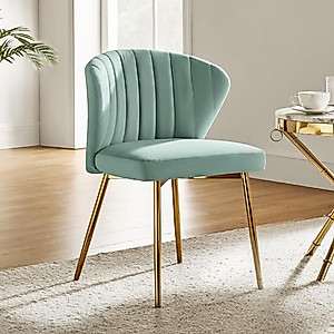 HULALA HOME Velvet Dining Chairs, Modern Small Armless Accent Chair with Gold Metal Legs, Living Room Upholstered Cute Side Chair, Elegant Tufted Back Vanity Chair for Bedroom/Beauty Room-SAGE