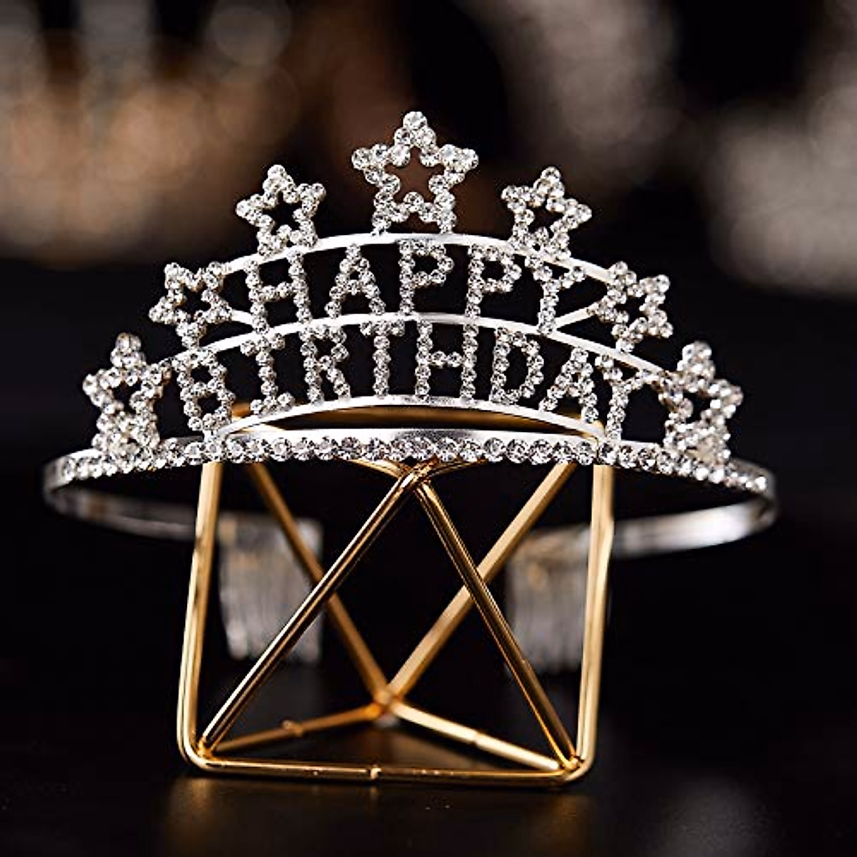 SWEETV Happy Birthday Tiara Crown for Girls & Women, Rhinestone Bday Crown with Comb, Crystal Birthday Party Hat Gift Princess Headpieces, Clear