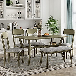 Lifeand Piece, Wooden Dining Table and Fabric Chairs with Bench(Antique Yellow+Gray), Mid-Century Style Set for 6