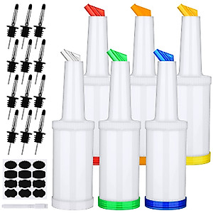 Ruisita 6 Pack Fruit Juice and Liquor Pour Bottles Bar Juice Containers Plastic Pour Bottles with Stainless Steel Bottle Pourer Tapered Spout for Liquor Juice Store (34 Ounces, Multicolor)