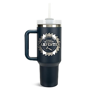 100 North | 40 oz Stainless Steel Double Wall Insulated Travel Tumbler With Handle, Straw, and Lid, World's Greatest Carpenter Navy Blue