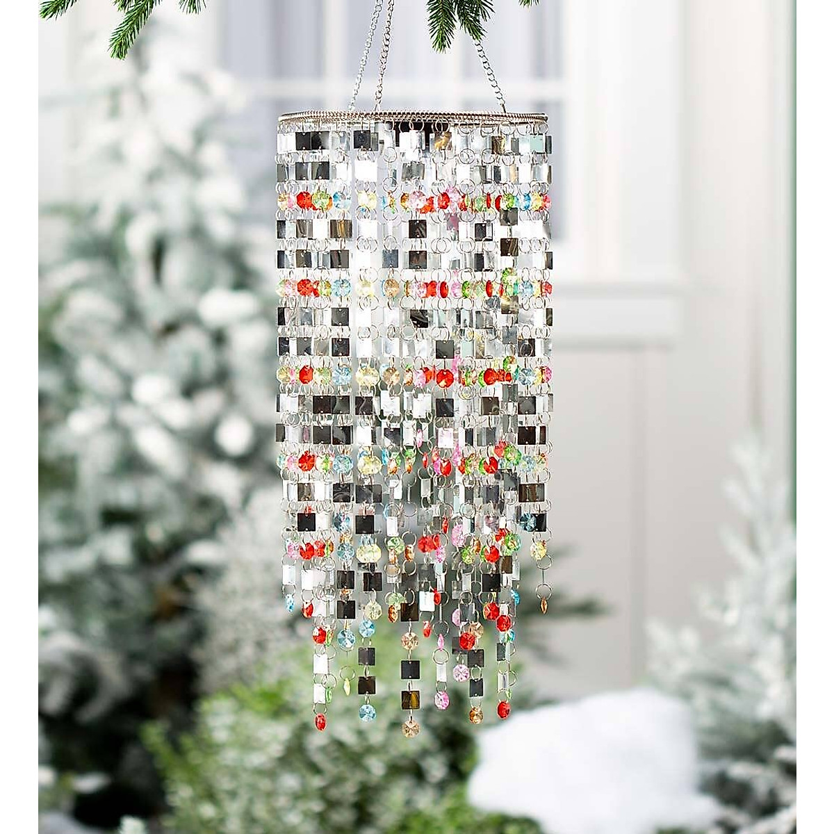 Wind & Weather Concentric Rings Silver and Multi-Colored Mirrored Outdoor Chandelier with Solar Lights Powered by Discreet Solar Panel in Top with Hanging Chain Included, 8½" Dia. x 29" H, Chain 9¼"L