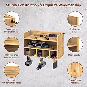 Purbambo Power Tool Organizer Wall Mounted, Bamboo Drills Shelf Rack with Charging Station and 5 Hanging Slots, Power Tools Storage Cabinet
