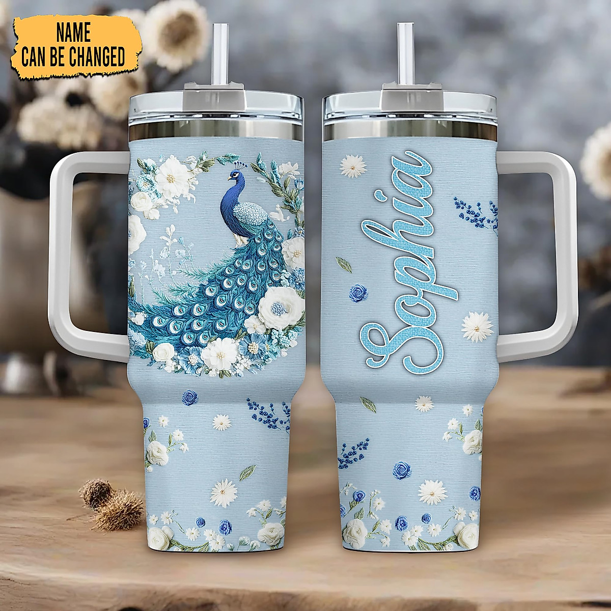 Hyturtle Personalized Floral Peacock 2D Print Tumbler - Peacock Gifts For Women - Animal Present For Peafowls Lover Her - Mothers Day Present For Mom - Custom Travel Coffee Cup 40 oz With Lid Straw