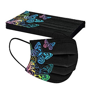 50Pcs Black Disposable Face_mask with Designs for Women Men Adults Cute Colorful Butterfly Printed Paper Face_mask