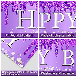 Purple Silver Happy Birthday Banner Decorations for Women Girls, Happy Birthday Yard Banner Sign Party Supplies, 16th 21st 30th 40th 50th 60th Bday Decor for Outdoor Indoor