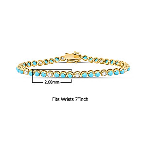 Tennis Bracelet For Women - 3MM Round Turquoise And 1.23 Ct Natural Diamond 7 Inch Tennis Bracelet In 14K Yellow Gold Over 925 Sterling Silver (Clarity VVS1-I2/Color sky blue-J)