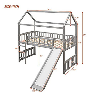 Harper & Bright Designs Twin Loft Bed with Slide, Solid Wood House Loft Bed with Ladder, Playhouse Bed for Kids Girls Boys (Gray)