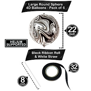 KatchOn, Black and White Marble Balloons - Big, 22 Inch, Pack of 6 | 360 Degree 4D Marble Balloons Black and White | Black Marble Balloons, Black and White Party Decorations | Black and White Balloons