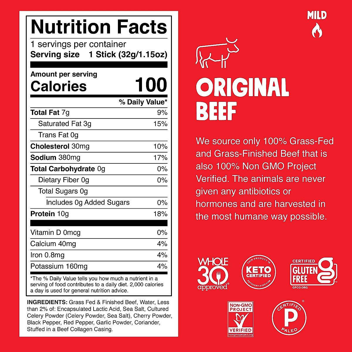 CHOMPS Grass Fed Beef Jerky Sticks, Beef Variety Pack, 10 Sticks: (5) Original Beef, (5) Jalapeno Beef…