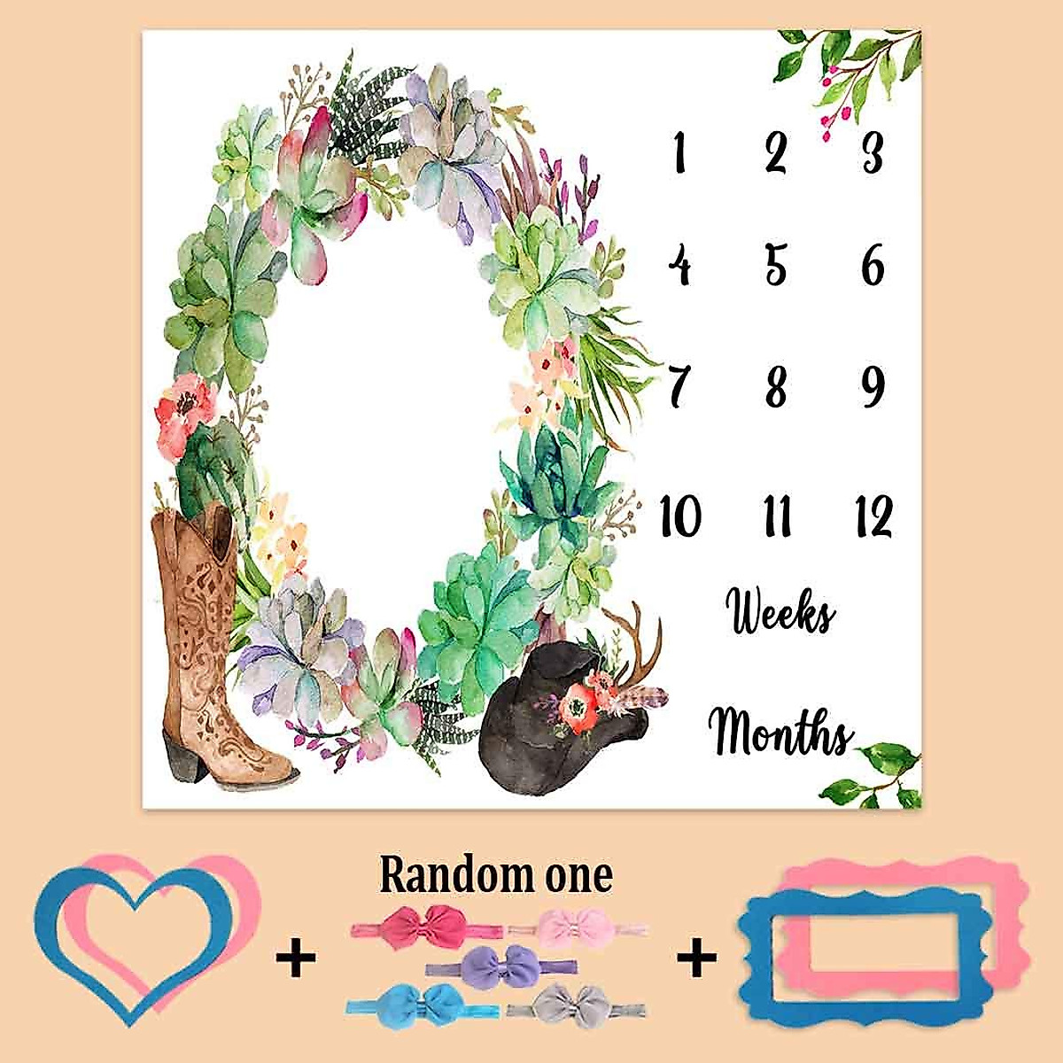 PHMOJEN Baby Monthly Milestone Blanket, Western Cowboys Floral Wreath Age Blanket for Nursery, Unisex for Newborn 1-12 Months, Includes 4 Frame and 1 Headband 47"x47" BTLSPH463
