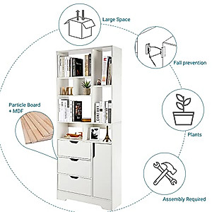 SEJOV Stylish White Bookshelf, 71" Tall Bookshelf with Doors and 3 Drawers, Wood Bookshelf with 4-Tier Open Shelves, for Bedroom Living Room Entrance Hallway Home Office
