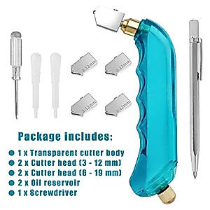 YOTINO Glass Cutting Tool Kit Includes Blue Pistol Grip Oil Feed Glass Cutter with 3 Extra Replacement Head(3mm-12mm, 6mm-19 mm) Tungsten Scribe Engraving Pen, Screwdriver and Oil Dropper