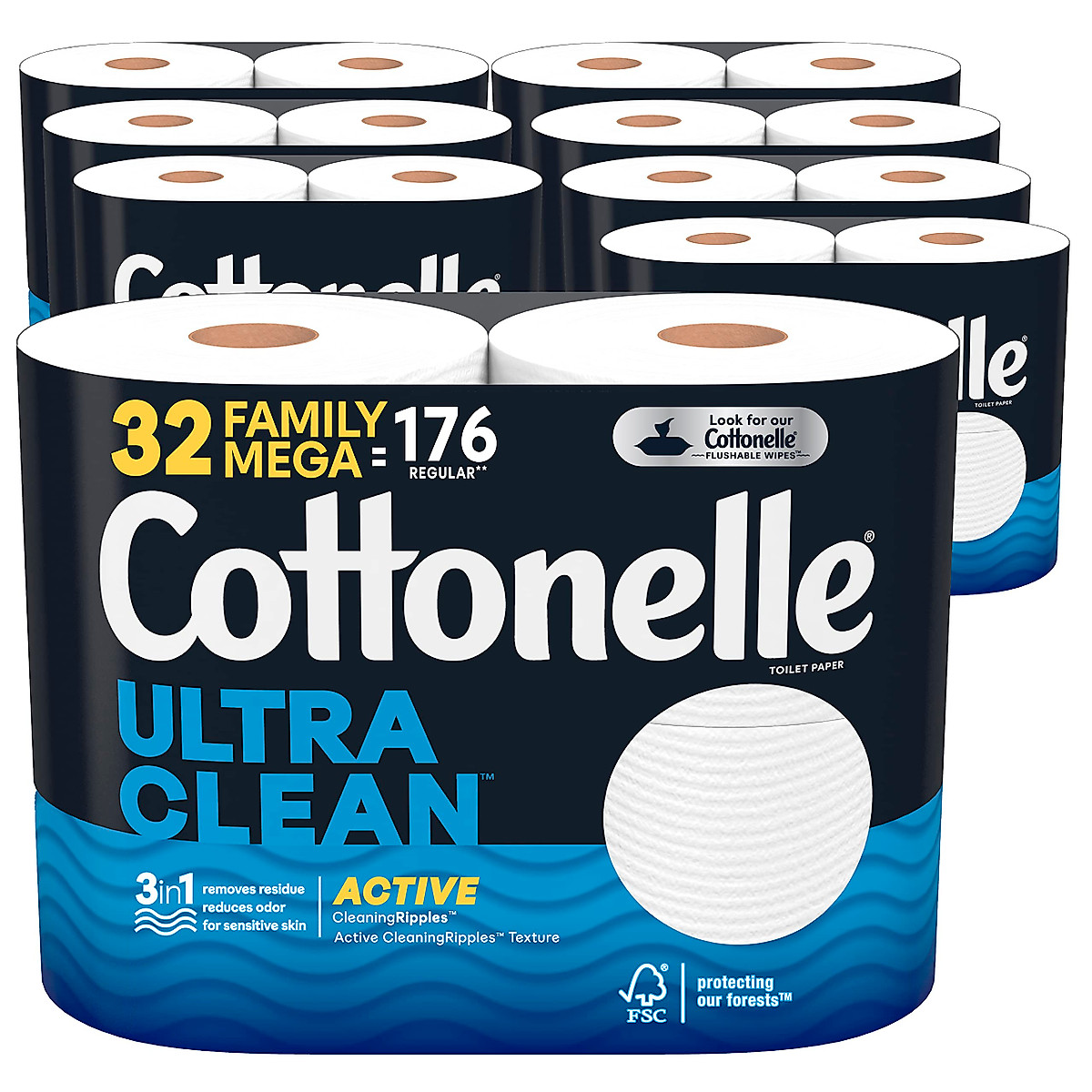 Cottonelle Ultra Clean Toilet Paper with Active CleaningRipples, 1-Ply, 32 Family Mega Rolls (8 Packs of 4) (32 Family Mega Rolls = 176 Regular Rolls), 388 Sheets per Roll, Packaging May Vary
